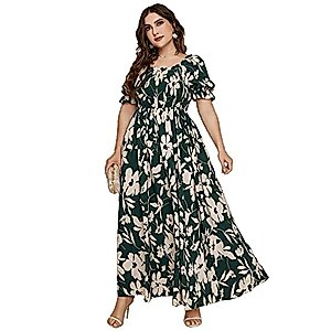 MakeMeChic Women's Plus Size Boho Casual Dress Floral Short Sleeve Shirred Square Neck Maxi Flomal Dress A Multicolor 1XL