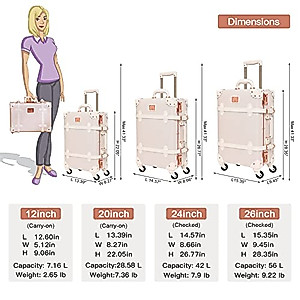 urecity Vintage Luggage Set, 2 Piece Retro Leather Suitcase for Women, Travel Luggage with Spinner Wheels and Beauty Case, Cute Designer Trunk Luggage (Rose White, 26"+12")