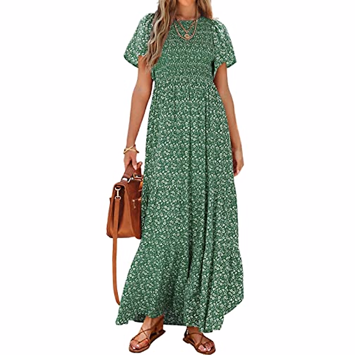 PRETTYGARDEN Womens Casual Floral Crew Neck Flutter Short Sleeve Long Summer Holiday Dress Party Maxi Wedding Guest Dresses (Green,Large)