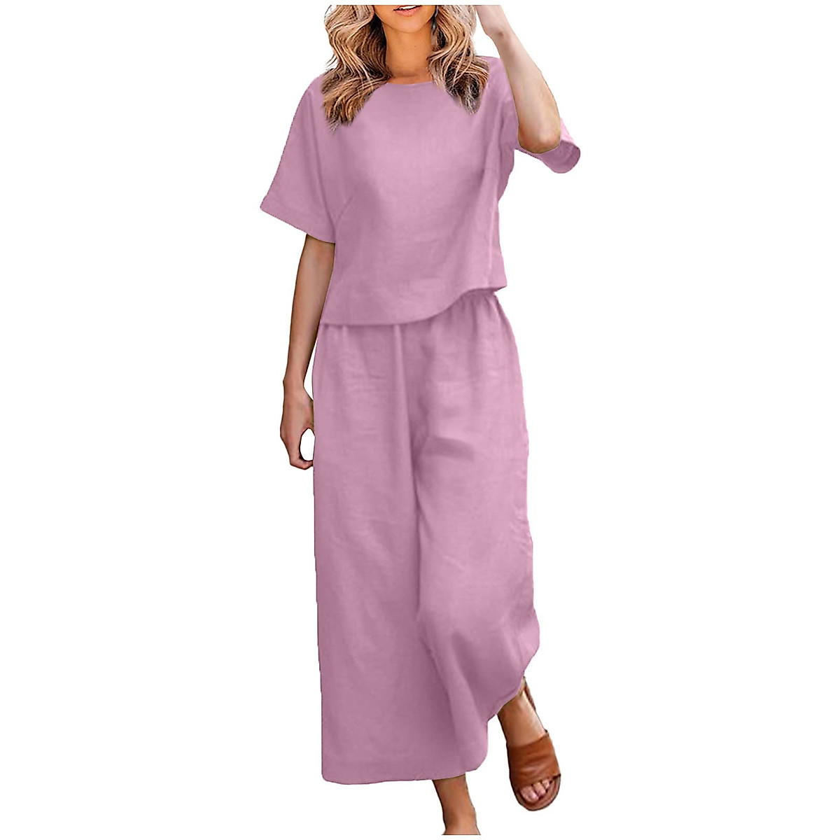 ZDRZK Return Pallets Two Piece Pajama Set For Women Linen Sets For Women 2 Piece Summer Loose Comfy Short Sleeve Crop Top Tshirt Wide Leg Pants Set Matching Lounge Sets Pink M