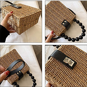 QZUnique Straw Bucket Bags for Women Top Handle Drawstring Woven Handbag Shoulder Bag Summer Beach Purses with Bamboo Handle