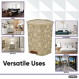 Compact Plastic Step-On Trash Can, Indoor and Outdoor Waste Bin with Foot Pedal, Beige Decorative Garbage Bin with Lace Design, 6 Qt Small Trash Can for Kitchen, Bathroom, Bedroom, Patio, Yard