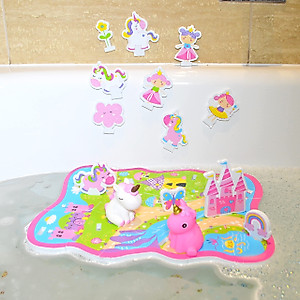 Buddy and Barney Bath Unicorn World Activity Set | Light up Floating Bath Toys for Toddlers | Set of 12 Floating Jigsaw Puzzle, 12 Foam Bath Stickers and Unicorn Water Squirter with Mesh Storage Bag