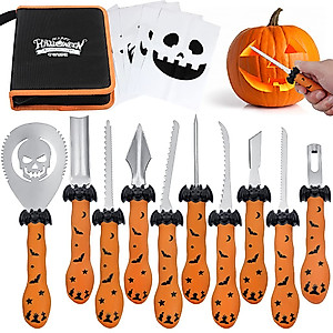 OWUDE Professional Pumpkin Carving Kit 10 Pcs Upgrade Anti-Slip Handle Heavy Duty Stainless Steel Carving Tools with Premium Carrying Case and 6 Pcs Stencils for Halloween DIY