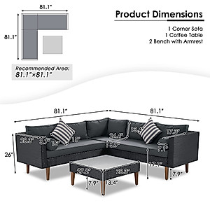 Merax 4 Pieces Patio Conversation Sets,Outdoor Rattan Sectional Sofa Couch Furniture with Cushions Pillows and Coffee Table, Black