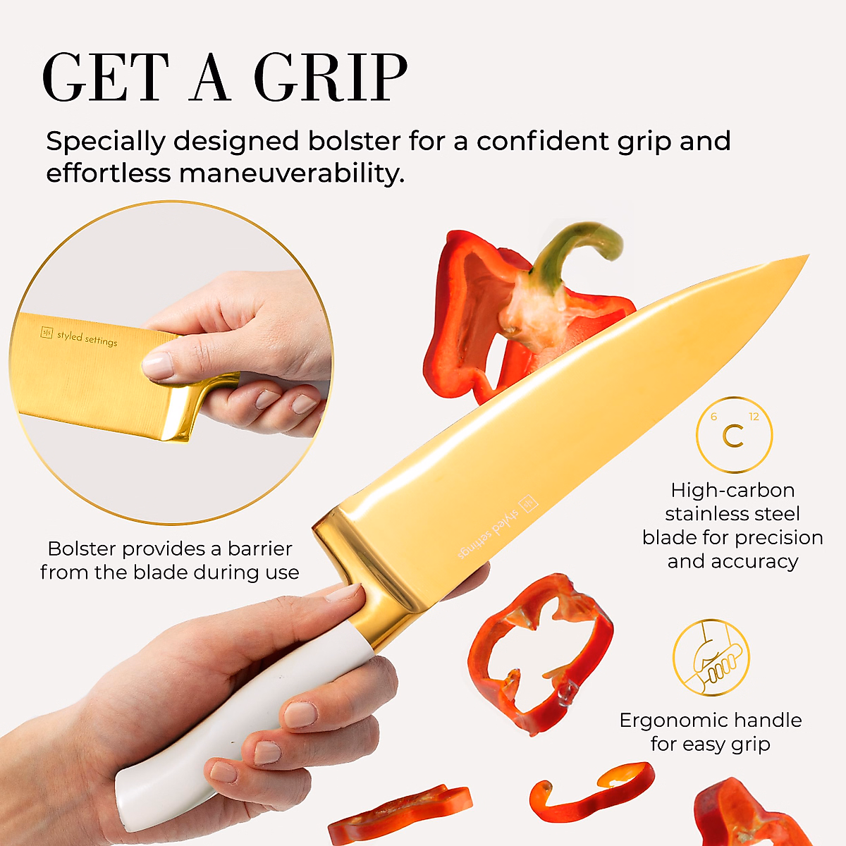 Gold Knife Set with Block Self Sharpening - 14 PC Luxurious Titanium Coated Gold and Off-White Kitchen Knife Set and White Knife Block with Sharpener, White and Gold Kitchen Accessories and Decor