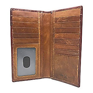 Western Genuine Leather Praying Cowboy Tooled Laser Cut Men's Long Bifold Wallet in 10 colors (Brown/Turquoise)
