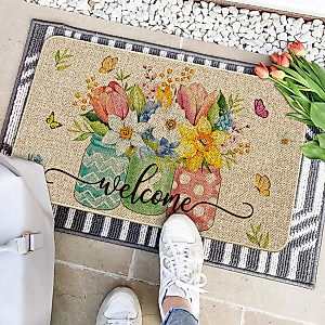 Artoid Mode Butterfly Daisy Flower Vase Welcome Decorative Doormat, Seasonal Low-Profile Rug Switch Mat for Indoor Outdoor 17x29 Inch
