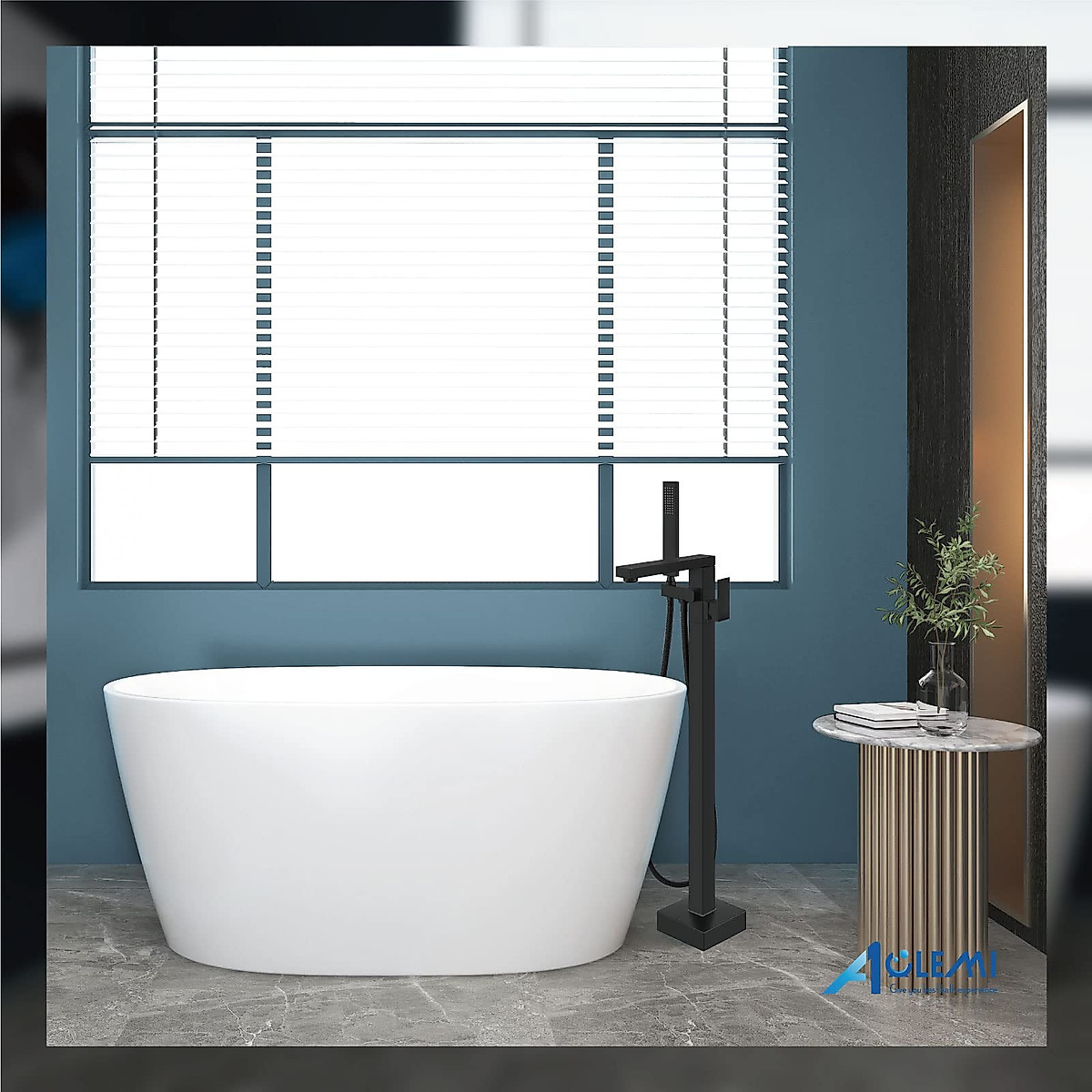 Aolemi Matte Black Freestanding Bathtub Faucet Floor Mount Tub Filler Single Handle Brass Tap with Hand Shower and Swivel Spout