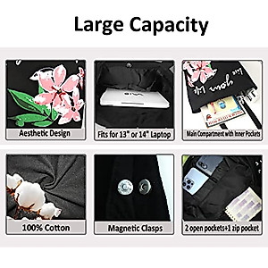 MEL JUN Canvas Tote Bag for Women, Light Beach Bags Gym Tote Reusable Grocery Bag Reading Totes Weekend Church Bag Black Floral Tote Bags with Pink Flower