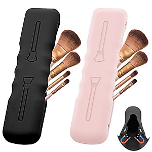 2Pack Makeup Brush Holder Silicone,Travel Makeup Brush Case Bag Organizer Cute Soft Portable Cosmetic Brushes Holders,Waterproof Makeup Brushes Covers for Traveling with Magnetic Closure-Pink,Black