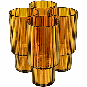 American Atelier Vintage Art Deco Fluted Drinking Glasses | Ribbed Glassware for Cocktail, Gin, Whiskey, & More | Modern Glassware | Lowball Fluted Cocktail Glasses | Set of 4 (11 oz, Amber)
