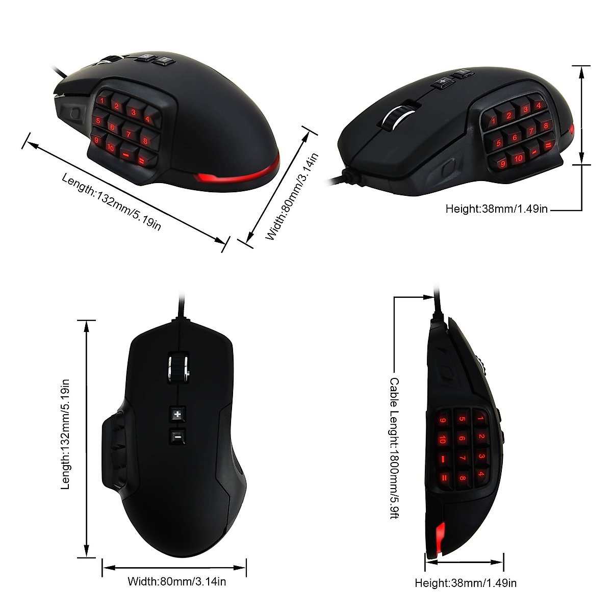 A ADWITS MMO Programmable Gaming Mouse, Pixart True 10000 DPI Sensor, Ergonomic Design with Customizable 17 Buttons, LED Light, 4 x 5g Weights and Polling Rate Up to 1000 Hz, Black