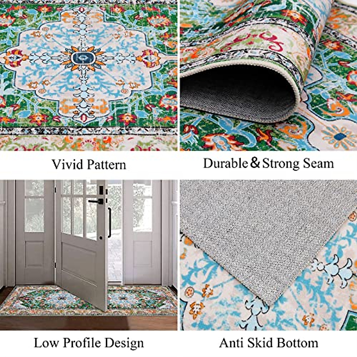 U'Artlines Boho Hallway Runner Rug 2' x 6' Vintage Farmhouse Laundry Rug Runner Accent Area Rug Carpet Non Slip Washable Kitchen Rug Entryway Runner Mat Throw Rug for Living Room (Green)