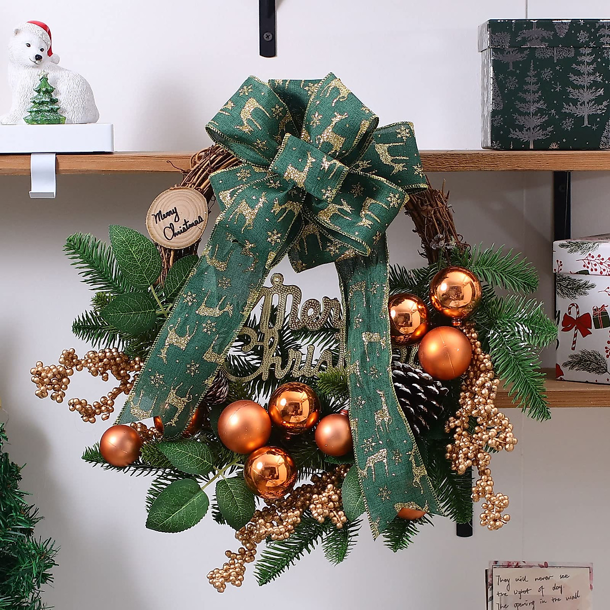 UNIQOOO 40 Yards 4 Rolls Seamless Green Christmas Wired Ribbon Set, 2.5 inch x 10yd. Satin Burlap Wired Edge Ribbon for Xmas Tree Décor, Gift Wrap Box, Bows, Wreath, Garland, Floral DIY Craft, Wedding