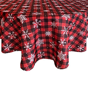 Lintex Red/Black Snowflake Plaid Festive Christmas Fabric Tablecloth, Red, Black and White Plaid Country Rustic Xmas Holiday Tablecloth, 70” Round
