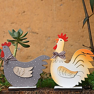 NUOBESTY Rustic Wood Chicken,2 Pcs Tabletop Decor Carved Chicken Statue Home Decor Rooster Cock Hen Animal Sculpture Easter Garden Ornament Decorations