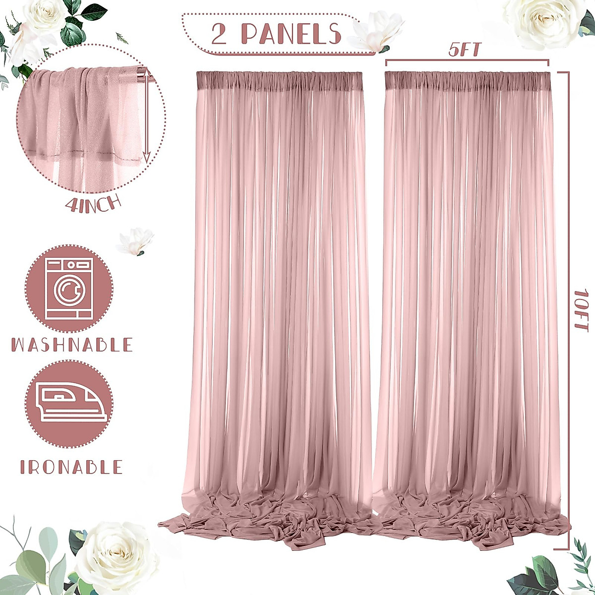 BBTO 2 Panels Dusty Rose Backdrop Curtains for Parties Wedding Pink Backdrop Curtains Polyester Wrinkle Free Window Curtains for Ceremony Party Birthday Bridal Shower Graduation Decorations 5ft x 10ft
