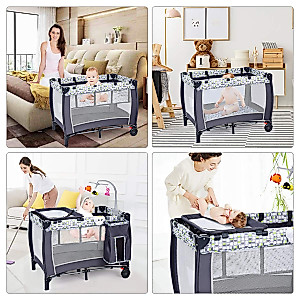 HONEY JOY Portable Baby Playard, 3-in-1 Pack and Play with Infant Bassinet, Diaper Changer & Toy Bar, Lockable Wheels, Toddler Play Yard w/Carry Bag Gray