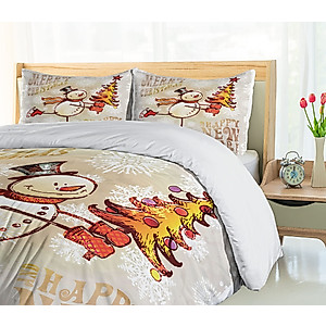 Ambesonne Christmas Duvet Cover Set, Skating Happy Snowman Xmas Tree Cheerful Hand Drawn Ornate Snowflakes, Decorative 3 Piece Bedding Set with 2 Pillow Shams, Queen Size, Beige White