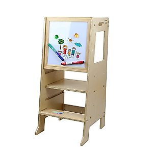 Height Adjustable Kids Kitchen Step Stool with Black and White Activity Board Learning Stool for Toddler Chef Helper Standing Tower