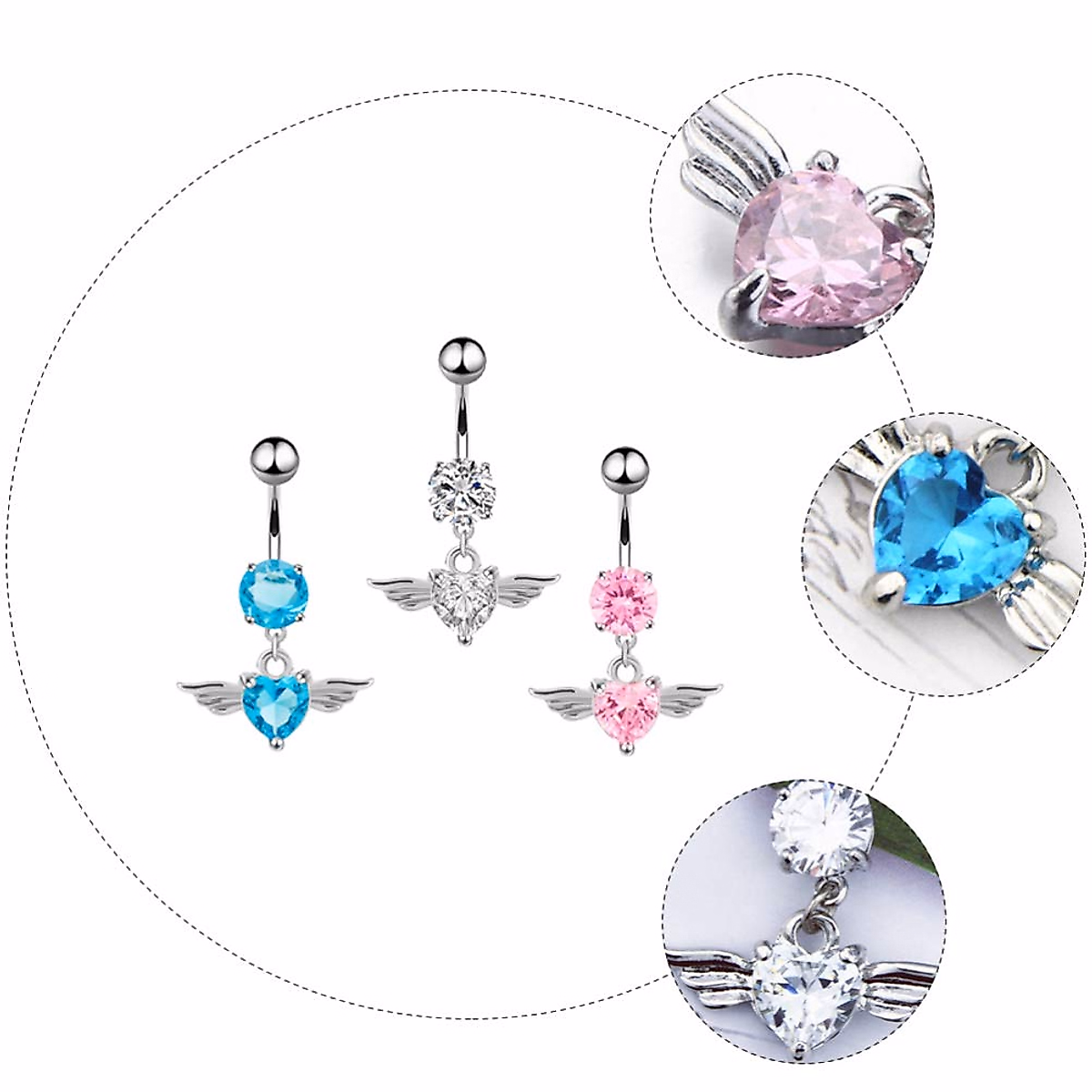 Happyyami 3pcs Dangle Belly Button Rings Stainless Steel Angel Wing Belly Rings Navel Rings Belly Piercing Studs Barbell Body Piercing Jewelry for Woman 3. 5x2cm