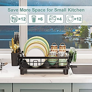 THEYFIRST Dish Drying Rack,Dish Racks for Kitchen Counter, Black Dish Dryer Rack with Drainage, Large Capacity Dish Drainer with Utensil Holder and Extra Dish Drying Mat (Black-A)