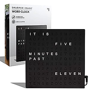 SHARPER IMAGE® LED Light-Up Word Clock, 7.75" Modern Design, Electronic Accent Wall or Desk Clock, USB Cord & Power Adapter, Unique Contemporary Home & Office Decor, Easy Setup, Housewarming Gift