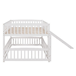 DreamBuck Full Over Full Bunk Bed with Convertible Slide and Ladder, Wood Low Bunk Bed with Fence for Toddler/Kids/Teens, Floor Bunk Bed for Boys/Girls, Space Saving, Easy Assembly, White