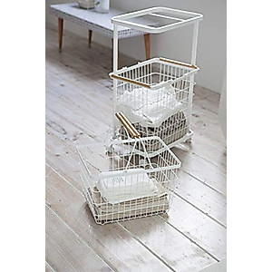 Yamazaki Home Laundry Basket Wagon-Large Storage Hamper Organizer | Steel + Wood | Short | Rolling Carts, White