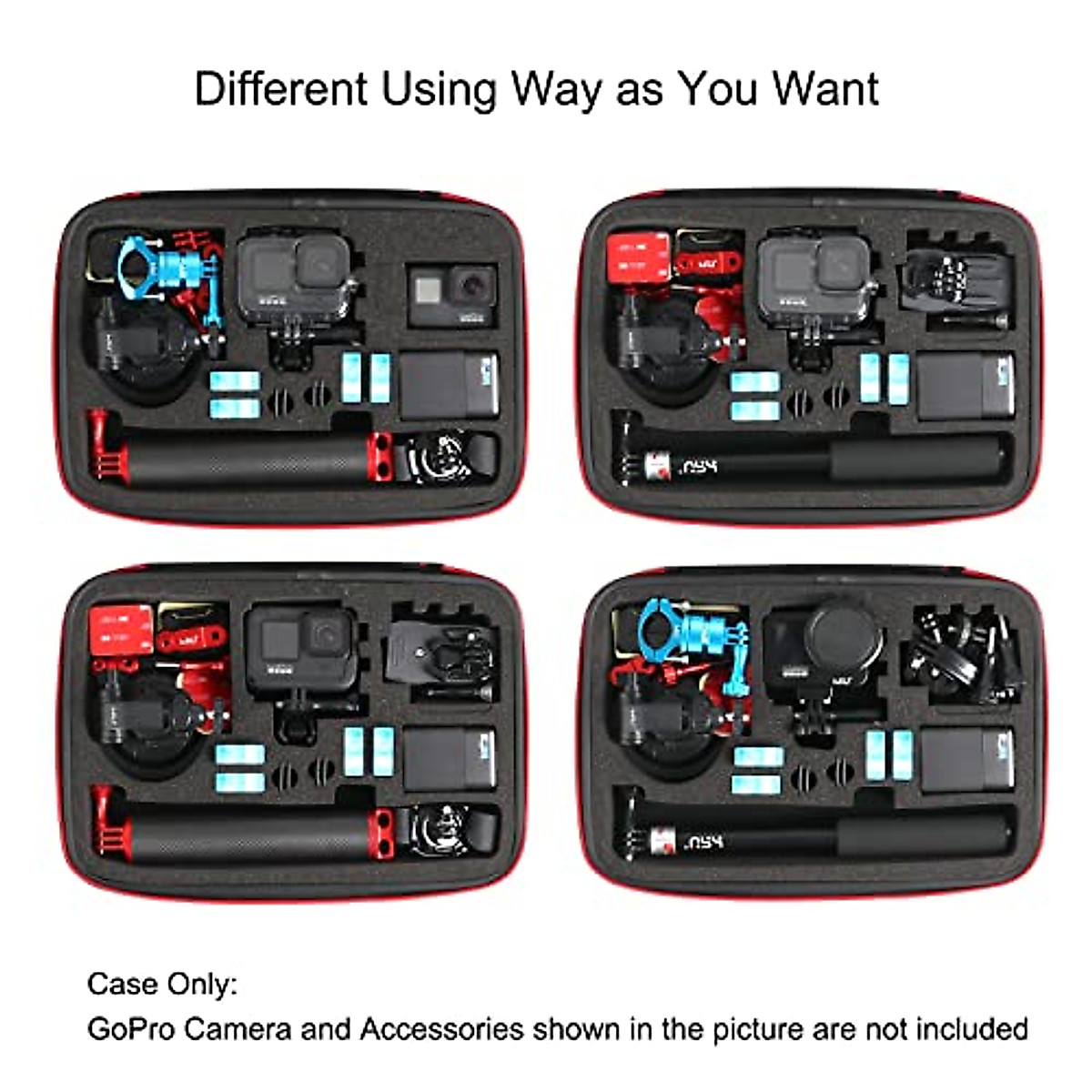 HSU Large Carrying Case for GoPro Hero 11,10,9, Hero 8,7,6,5,4,3 and Accessories, DJI Osmo Action,AKASO,Campark,YI Action Camera and More (Upgrade Sponge Precut Slots)(Red)