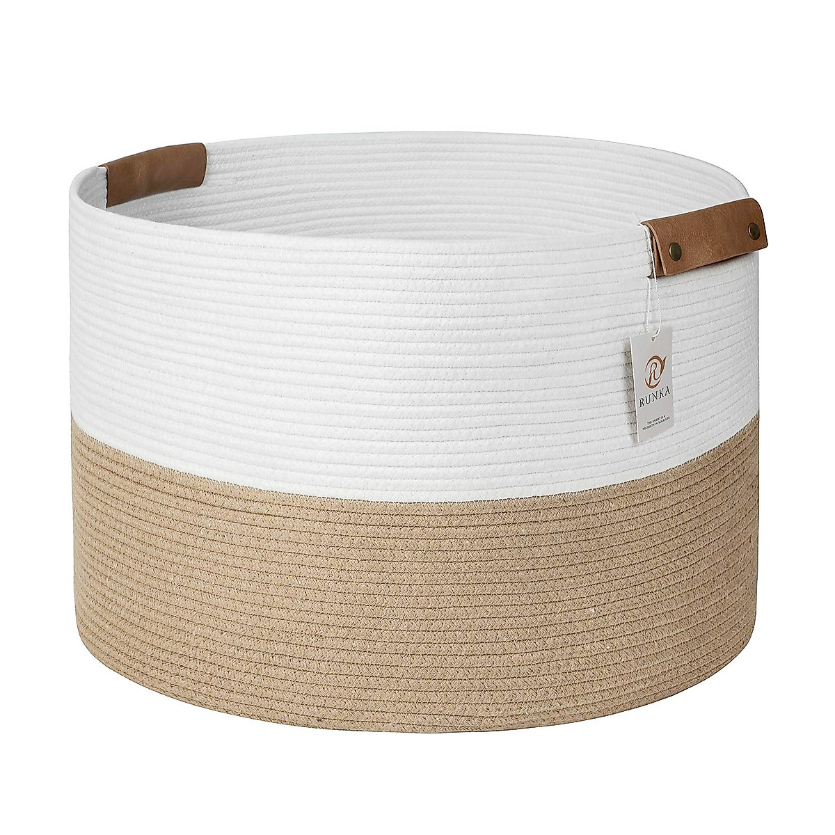 R RUNKA Extra Large Basket 22" x 14", Soft Woven Storage Basket with Leather Handles,Big Basket and Organizer for Laundry, Toys, Books and Baby Blankets