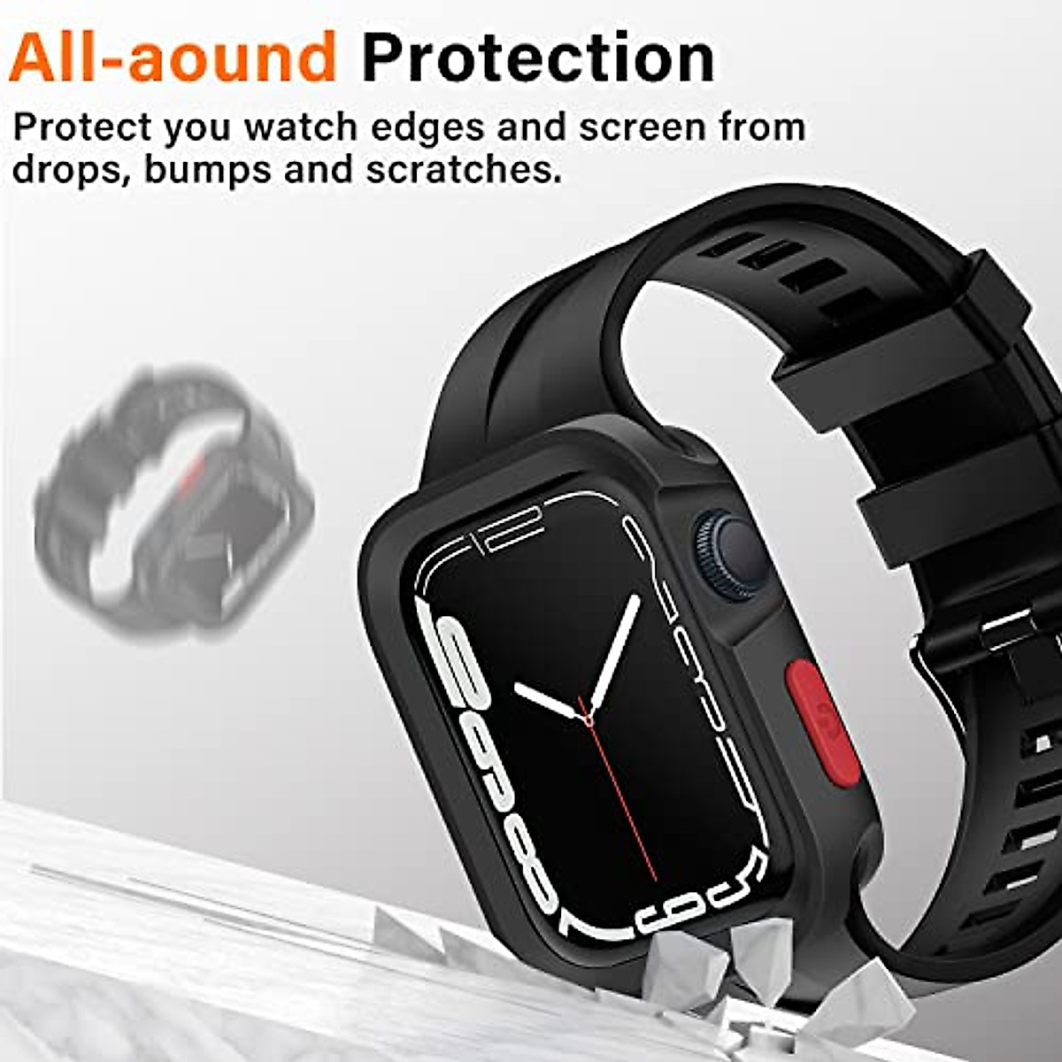 Amizee Rugged Case Compatible with Apple Watch Case Series 8/7 45mm Series 6/SE/5/4 44mm, Soft TPU Shockproof Bumper Drop Proof Protective Cover Compatible with iWatch - Black