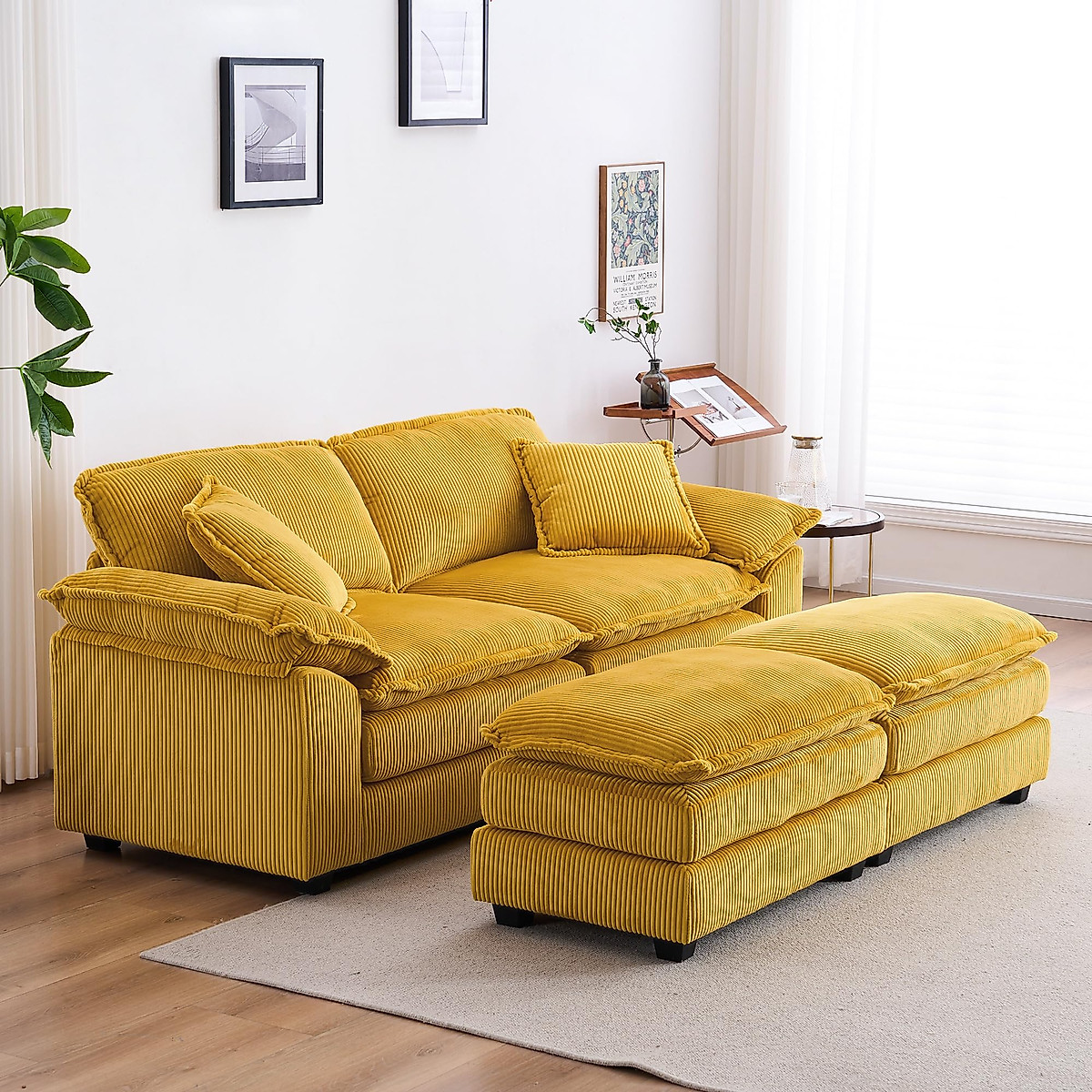 ZX Design 84.6" W Oversized Chaise Lounge Chair, deep seat sectional Sofa with Ottoman，Oversized sectional Sofa Cloud Couch, l Shaped Couch,Modern Corduroy Indoor Double Long Sofa(Yellow)