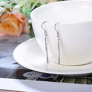 Milacolato S925 Sterling Silver Bar Dangle Earrings 18K White Gold Plated Women's Drop Dangle Earrings Hypoallergenic Fish Hook Vertical Bar Drop Earrings for Women