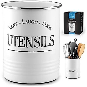 Zulay Large Utensil Crock Storage Organizer - Kitchen Utensil Holder For Countertop With Padded Base - Large Utensil Holder With Rustic Farmhouse Design For Home & Kitchen Decor (White)