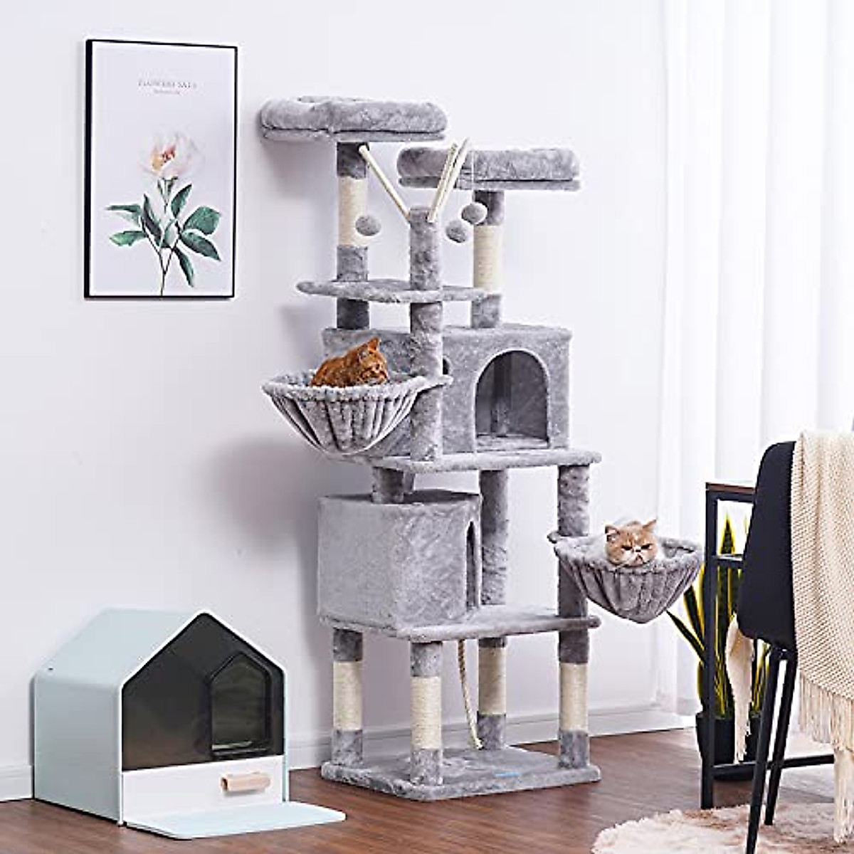 Hey-brother Cat Tree,Cat Tower,Cat Condo with Scratching Posts,Basket,2 Caves,2 Plush Perches,Activity Center with Removable Fur Ball Sticks,Light Grey MPJ027W