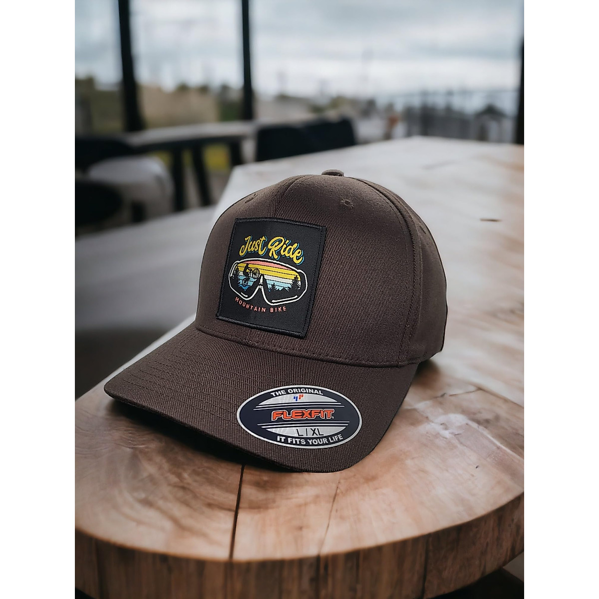 Fitted Hat - Mountain Bike Flexfit Hat with Just Ride Woven Patch (Brown, L/XL)