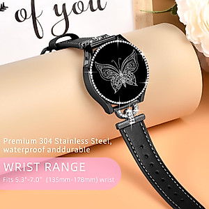 Shesyuki Luxury Genuine Watch Band with Case Compatible with Samsung Galaxy Watch 4&5 40mm 44mm，20mm Band with Glitter Screen Protector Case,Metal D-Shape Leather watch strap for Women