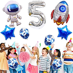 Kawailay Astronaut Rocket 5th Birthday Party Balloons Jumbo Spaceman Birthday Balloons Outer Space Theme Foil Balloons 32 Inch Silver Number 5 Helium Balloon for Birthday Party