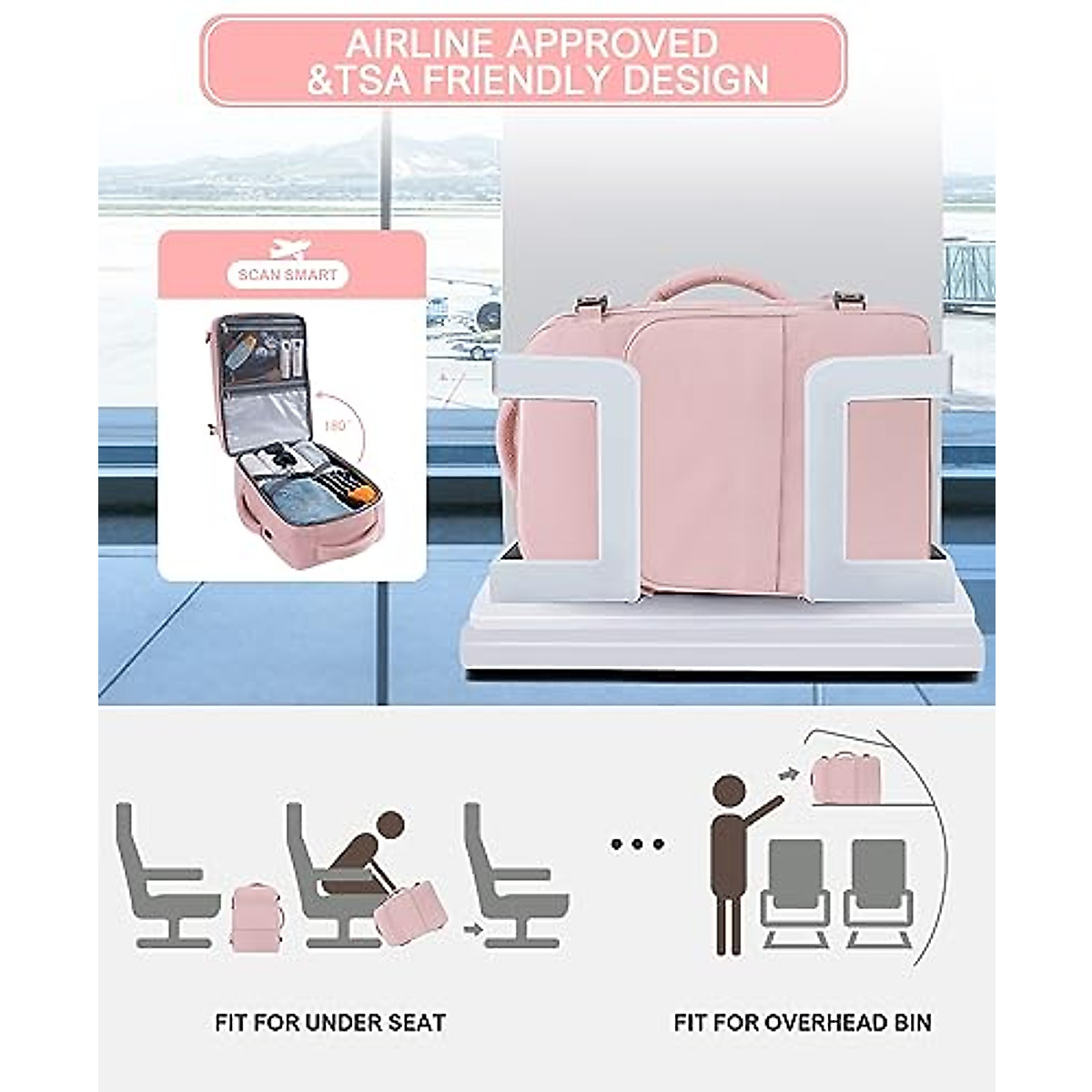 Beraliy Travel Backpack, Airline Approved Personal Item Bag, Carry On Backpack for Women,Lightweight Weekender Bag, Laptop Backpack Hiking Business Casual Daypack, Pink