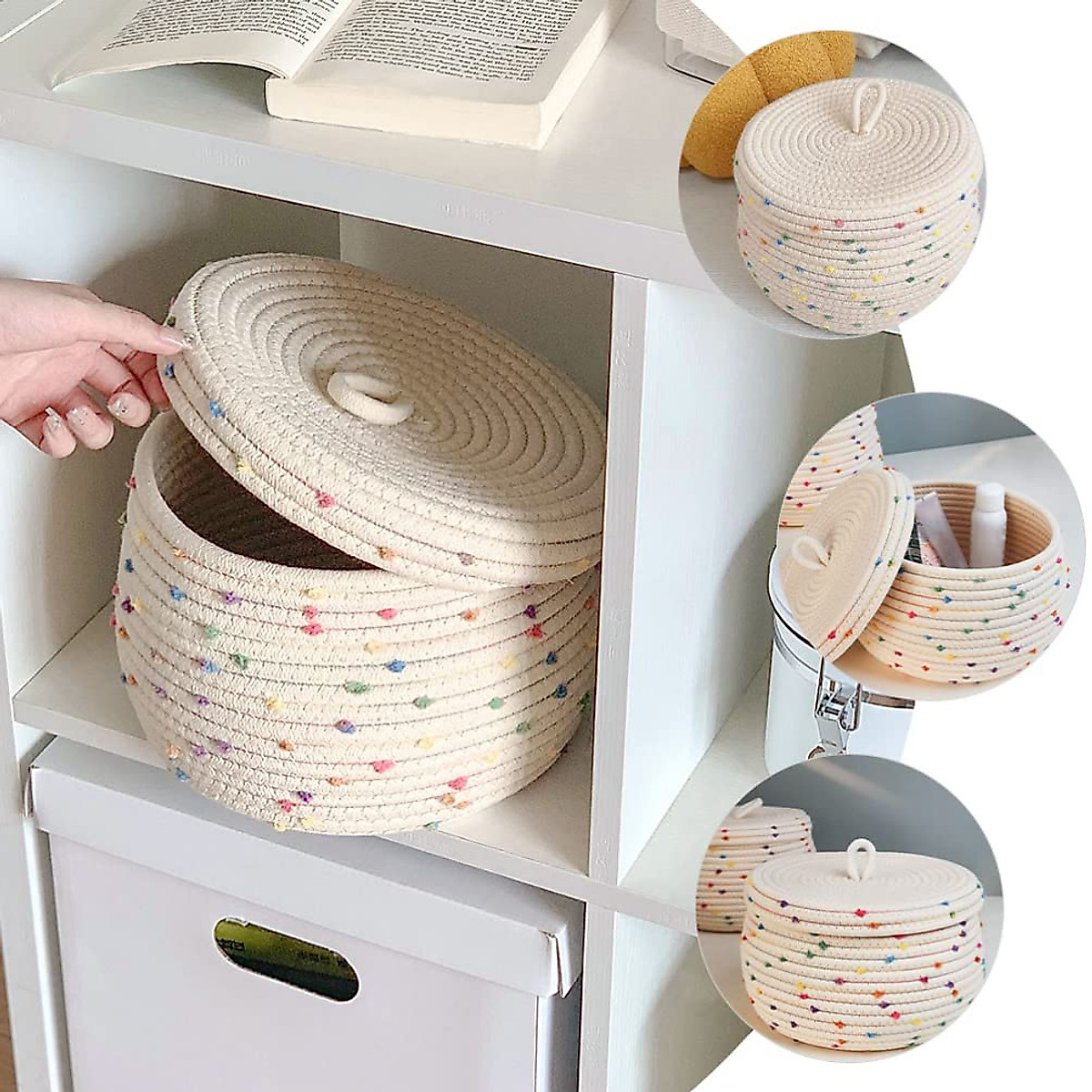 Cabilock Rope Storage Basket Countertop Baskets Woven Storage Basket Laundry Hamper Storage Baskets for Organizing Round Basket with Lid Sundries Organizer Shelf To Weave Rattan Cotton Rope