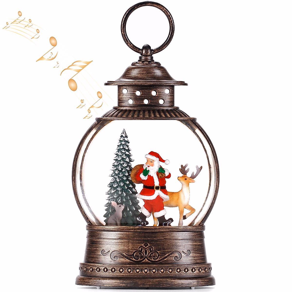 Christmas Snow Globes Musical with Santa Claus & Reindeer, Kikth Snowglobes Christmas Lantern Glitter Lighted for Christmas Decorations and Gift, Bronze