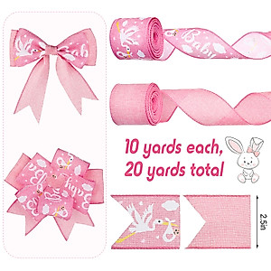 Chuangdi 2 Rolls Baby Ribbon 10 Yards Burlap Wired Ribbon 2.5 Inch Cute Ribbon for Baby Shower Diaper Cake Home Baby Girl Boy Favors Wreaths Bows Crafts Decorations Gift Box Table Decor (Pink)