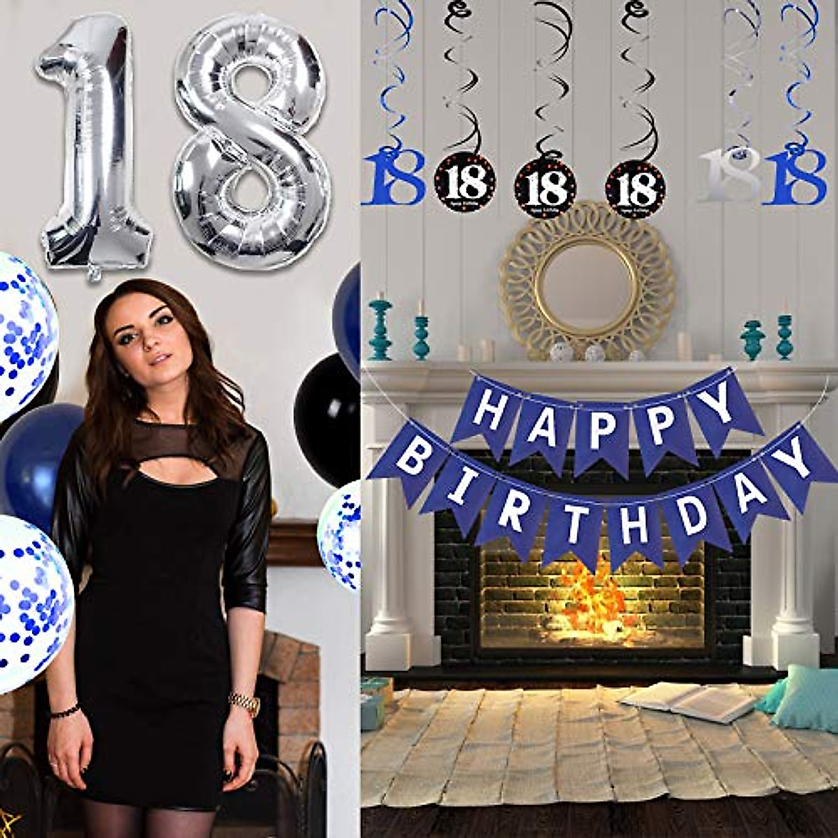 18th Birthday Decorations for Boys and Girls Dark Blue, HAPPY BIRTHDAY Banner Silver Number 18 Balloons, Deep Blue Theme Party for Him - 18 Years Old Birthday Party Supplies Kit for Her