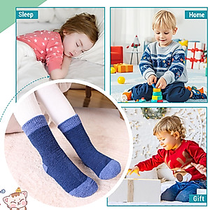 Kids Fuzzy Slipper Socks with Grips Children Boys Girls Toddlers Non Slip Warm Winter Cozy Fluffy Thermal Cute Socks 6 Pairs (8-12 Years, Stripe)