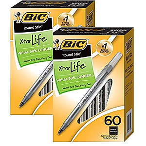 BIC Round Stic Xtra Valve Smooth Writing Ball Pen, Medium Point (1.0 mm), Black - 60 Count x 2 Pack - Total 120 Pens