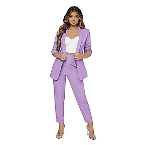 SweatyRocks Women's 2 Piece Solid Ruched Sleeve Blazer and Pants Business Office Suit Set Lilac Purple XL