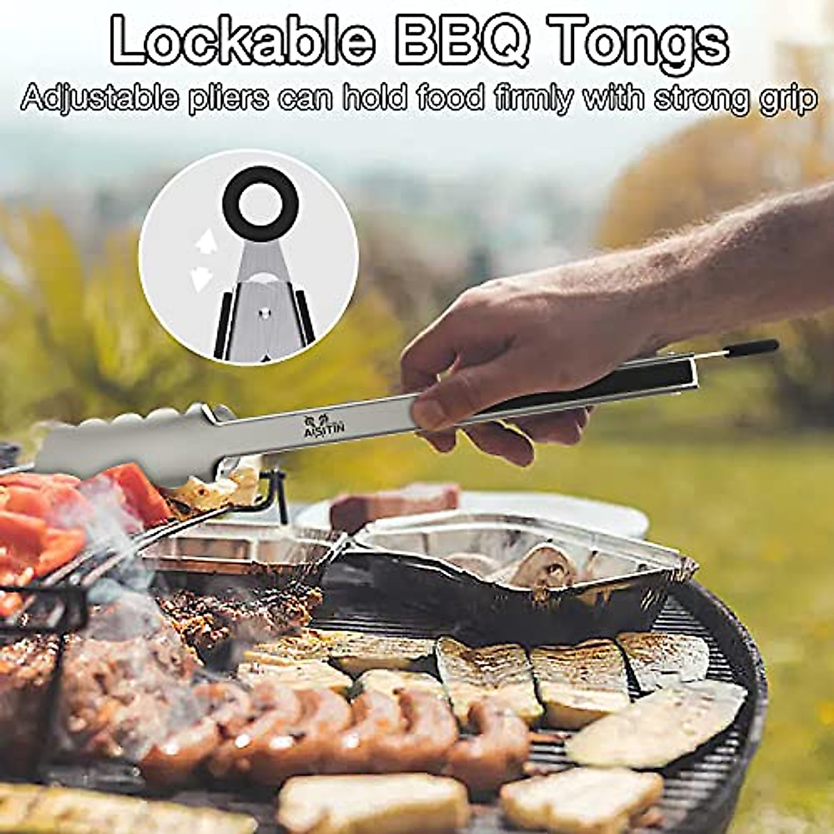 AISITIN 5 PCS Grill Accessories BBQ Set, Stainless Steel BBQ Grill Tools with Sturdy Spatula, Grilling Tongs, Fork and Brush, Ideal Grill Set for Outdoor Indoor Grill