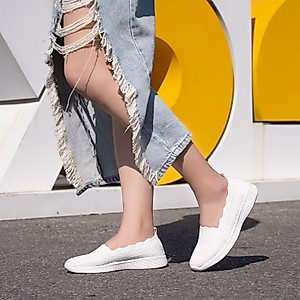 Puxowe Women's Slip on Wide Walking Flat Shoes-Comfortable Low-Top Knit Width Loafer Sneaker White Size 9 US